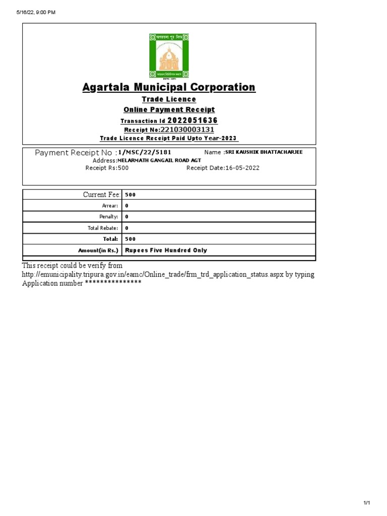 Payment Receipt Trade License Upto 2023 | PDF