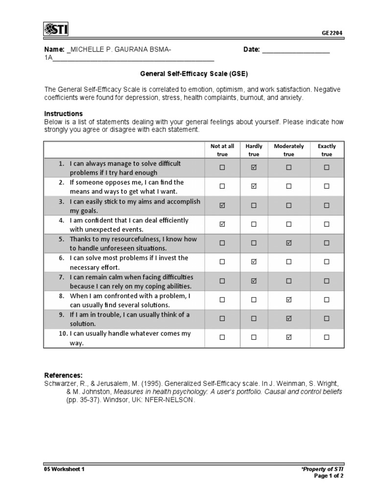Worksheet 1 | PDF | Self Efficacy | Metaphysics Of Mind