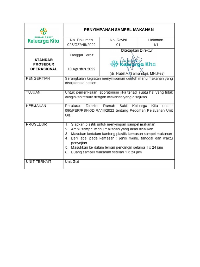 SOP Penyimpanan Sampel Makanan | PDF