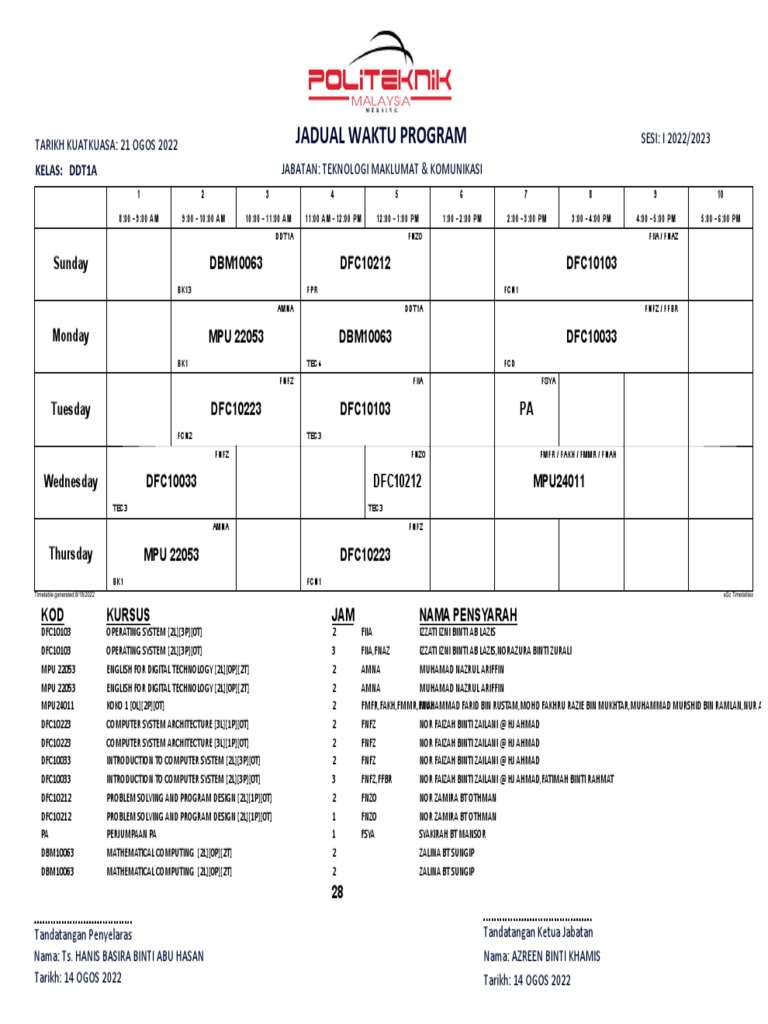 ICT Class Timetable 2022/2023 | PDF