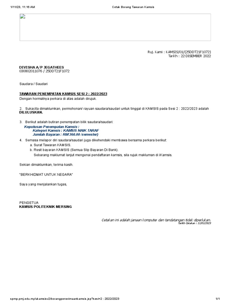 KETERANGAN PENEMPATAN KAMSIS | PDF