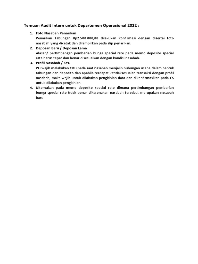 Temuan Audit Intern BPR 2022 | PDF