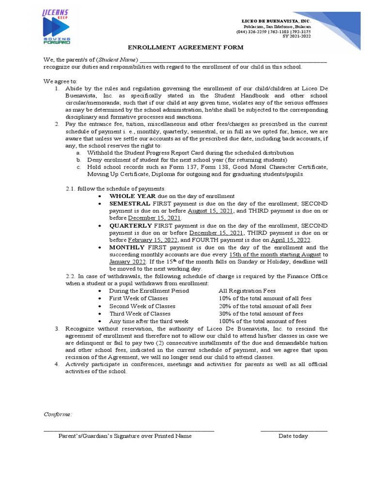 Enrollment Agreement Form | PDF | Fee | Tuition Payments
