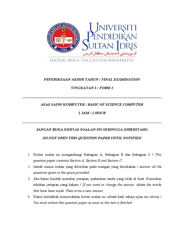 Soalan Peperiksaan Akhir Tingkatan 1 | PDF | Metode & Bahan Ajar ...