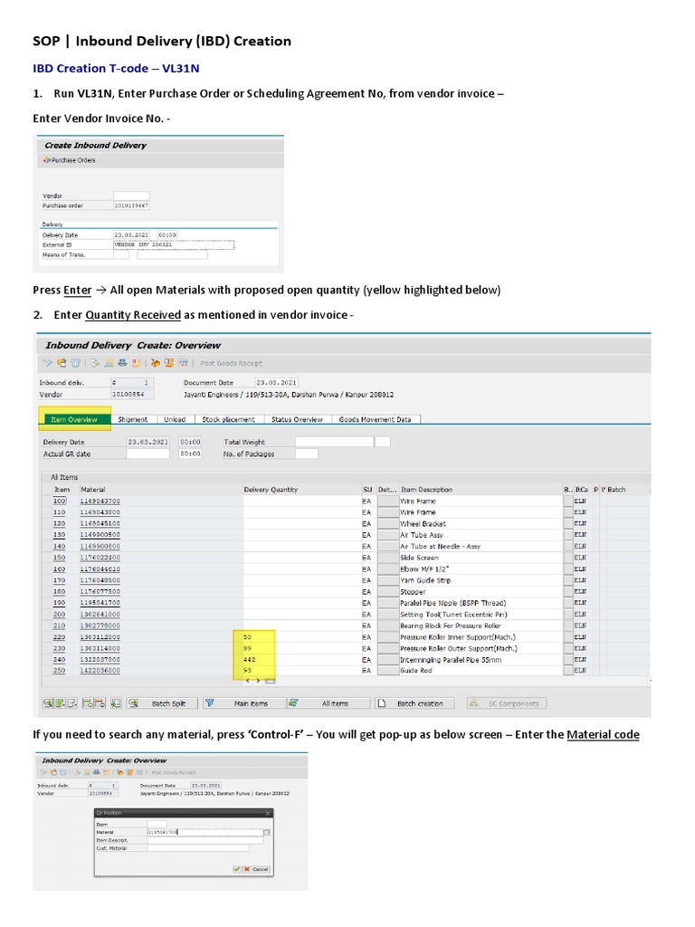 SOP - Inbound Delivery (IBD) Creation | PDF