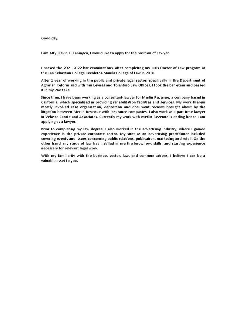 Application for Lawyer Position by Atty. Taningco | PDF | Law