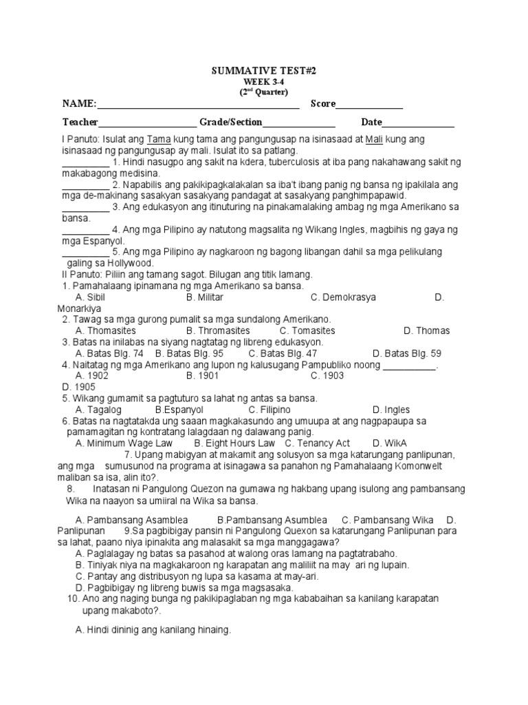Ap 6 Quarter 2 Summative Test 2 | PDF