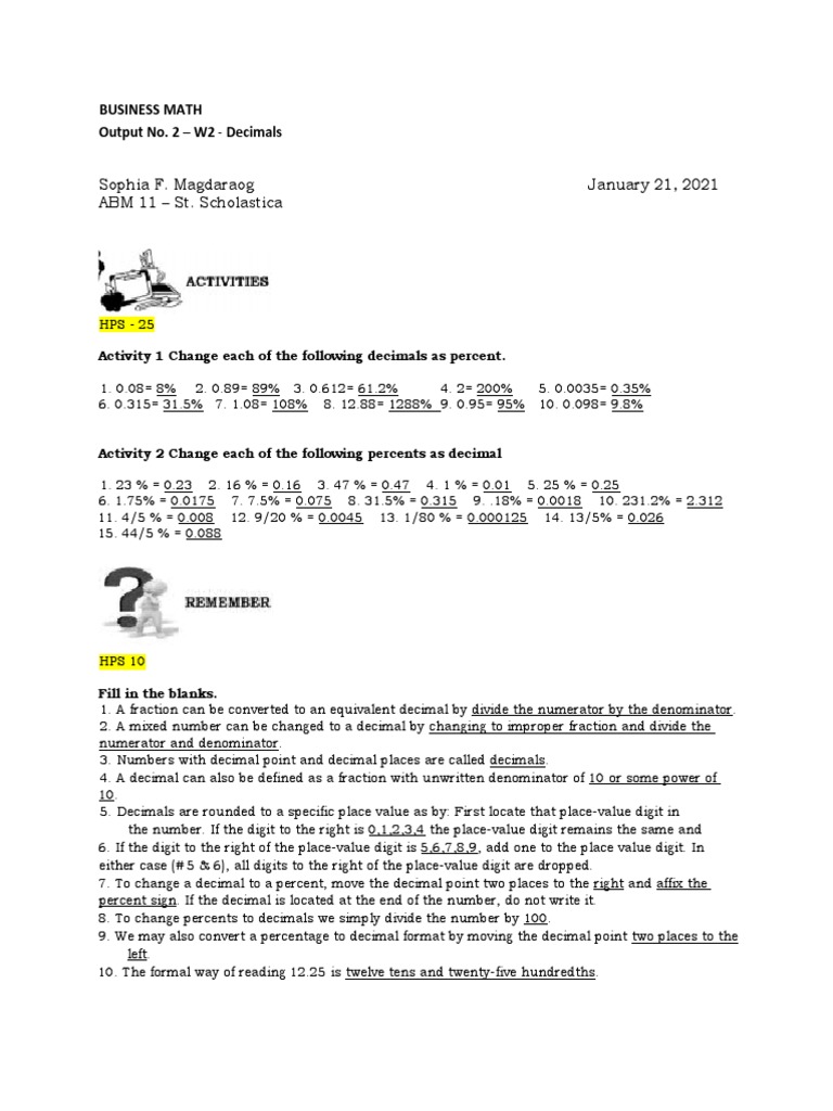 Bus Math Q3 M2 (Output No. 2 W2 - Decimals) | PDF | Percentage | Numbers