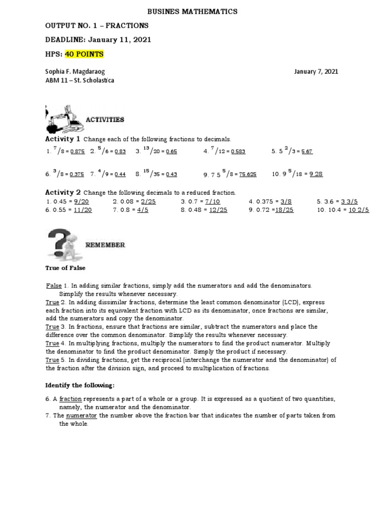 Bus Math Q3 M1 (Output No. 1 - W1 - Fractions) | Download Free PDF | Mathematical Objects | Numbers
