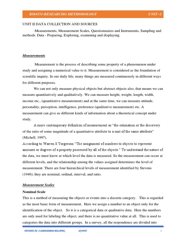 Unit Ii Data Collection and Sources PDF | PDF | Sampling (Statistics) | Level Of Measurement