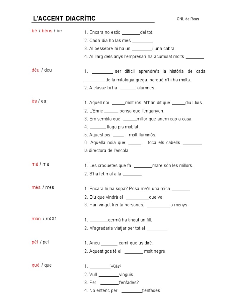 EXERCICIS ACCENTS DIACRÍTICS | PDF