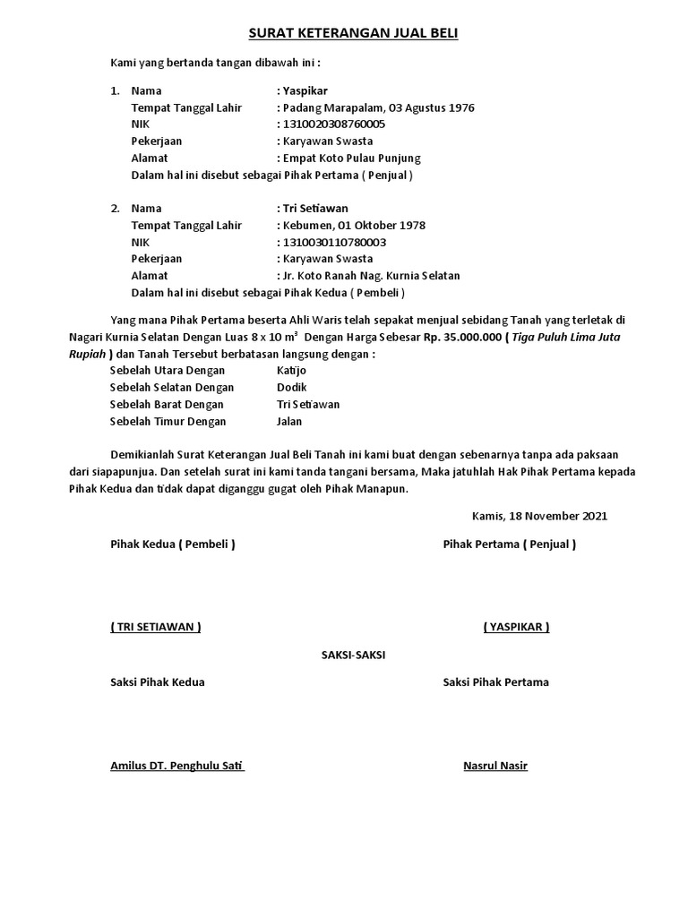 Surat Keterangan Jual Beli H.darmawi Arif | PDF