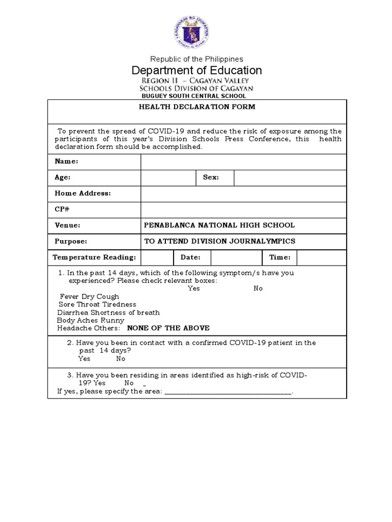 HEALTH DECLARATION FORM For Covid | PDF