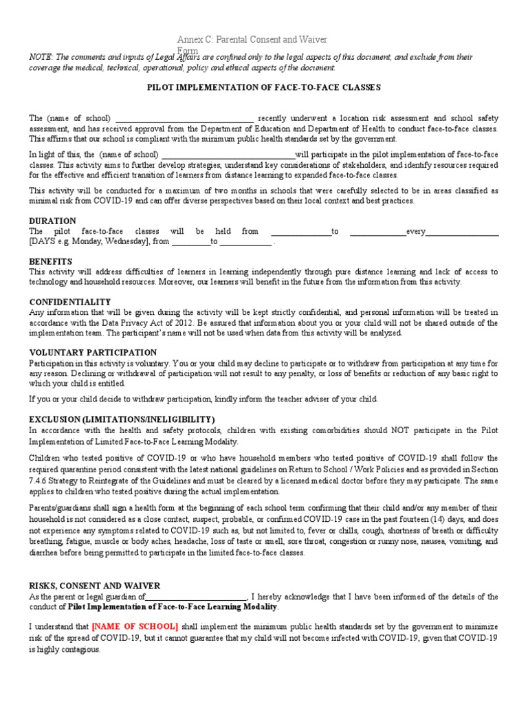 Parental Consent Form for Pilot Face-to-Face Classes | PDF | Diseases And Disorders | Clinical ...