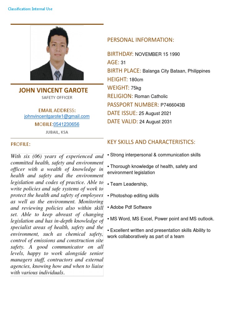 Safety Officer Profile: John Garote | PDF | Occupational Safety And ...