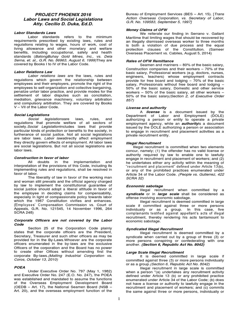 Labor Hand Out by Atty Cecilio Duka | PDF | Employment | Labour Law