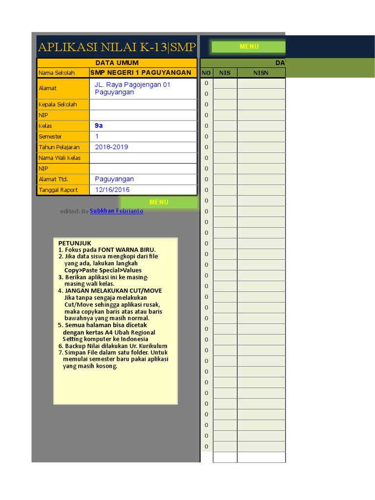 Aplikasi Nilai K-13 - SMP: Data Umum Data Wajib SMP Negeri 1 Paguyangan | PDF