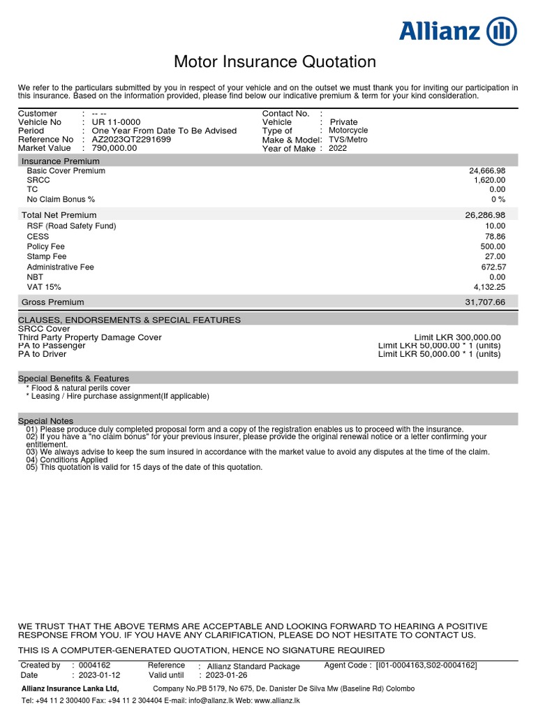 Quotation Motorcycle TVS Metro 31707.66 | PDF | Insurance | Vehicle ...