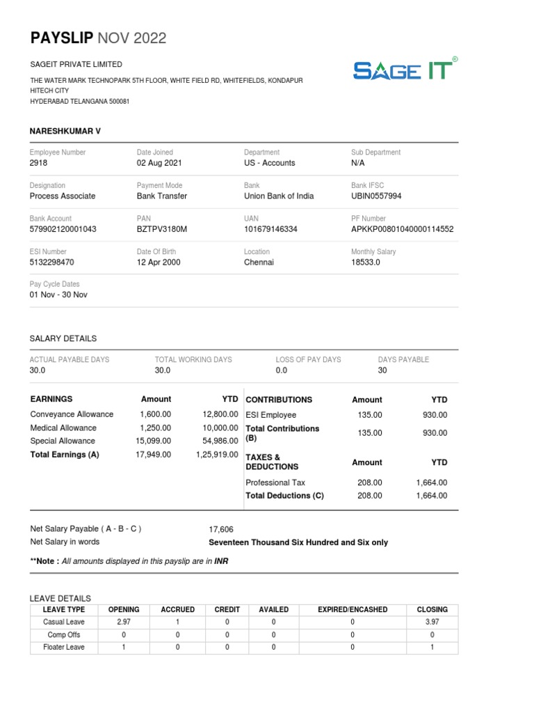 November 2022 Payslip Summary | PDF | Tax Deduction | Pension
