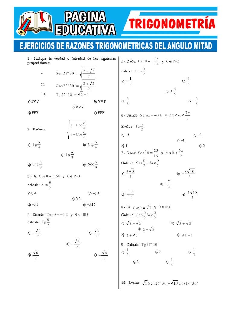 Ejercicios de Razones Trigonometricas Del Angulo Mitad Pagina Educativa | PDF | Triángulo ...