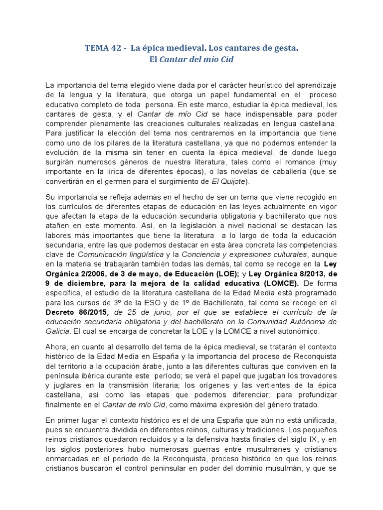 TEMA 42 - La Épica Medieval. Los Cantares de Gesta. El Cantar Del Mío ...