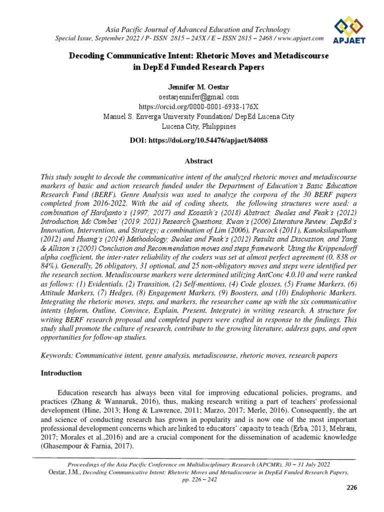 Decoding Communicative Intent Rhetoric Moves and Metadiscourse in DepEd ... Decoding Communicative Intent Rhetoric Moves and Metadiscourse in DepEd ...