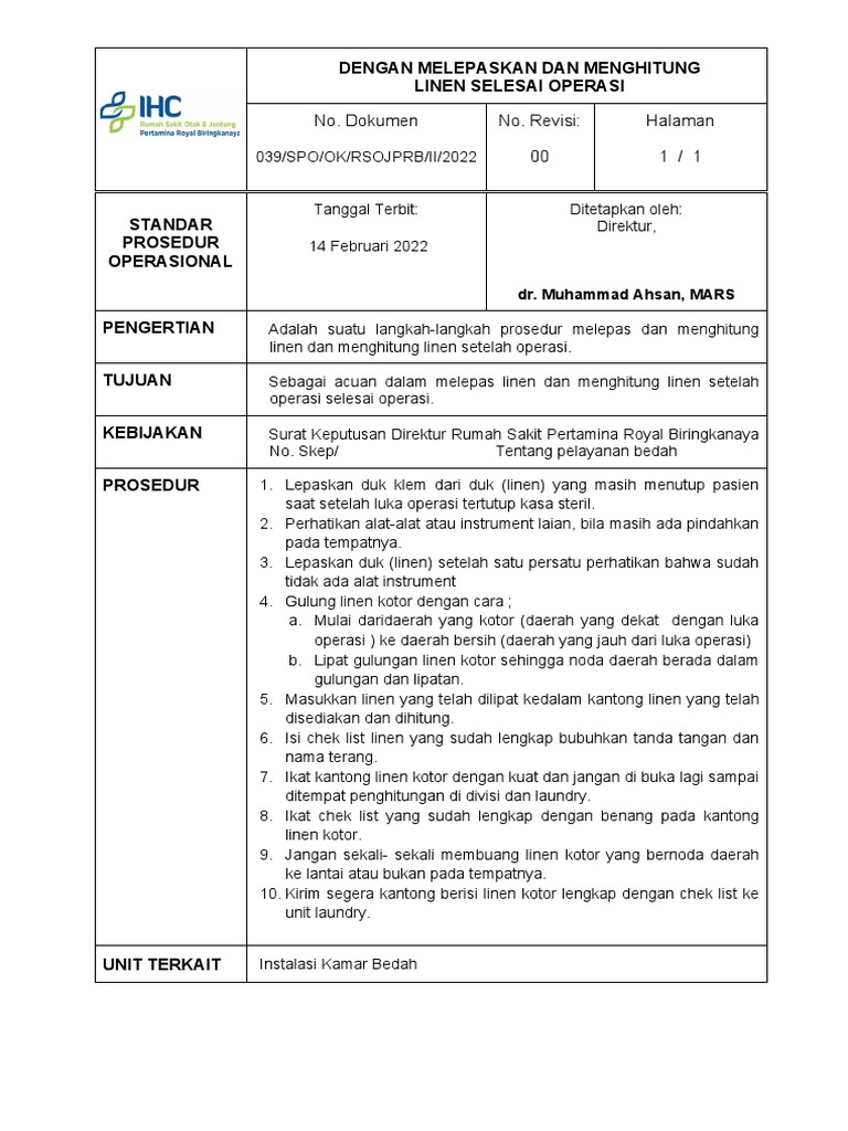 Dengan Melepaskan Dan Menghitung Linen Selesai Operasi: No. Dokumen No ...