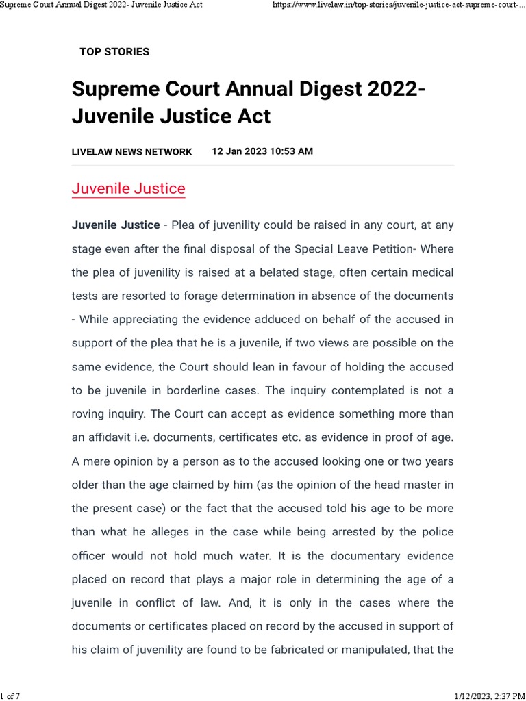 Supreme Court Annual Digest 2022 - Juvenile Justice Act | PDF ...