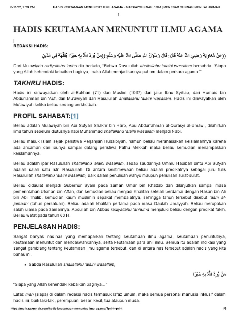 Hadis Keutamaan Menuntut Ilmu Agama - Markazsunnah - Com - Menebar Sunnah Menuai Hikmah | PDF ...