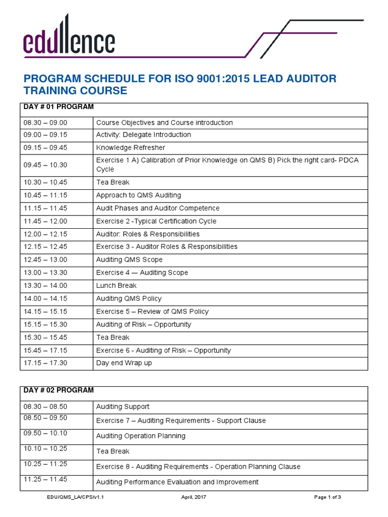 S1.02. Course Schedule EDU-QMS - LA-CPS-v1.1 | PDF | Quality Management ...