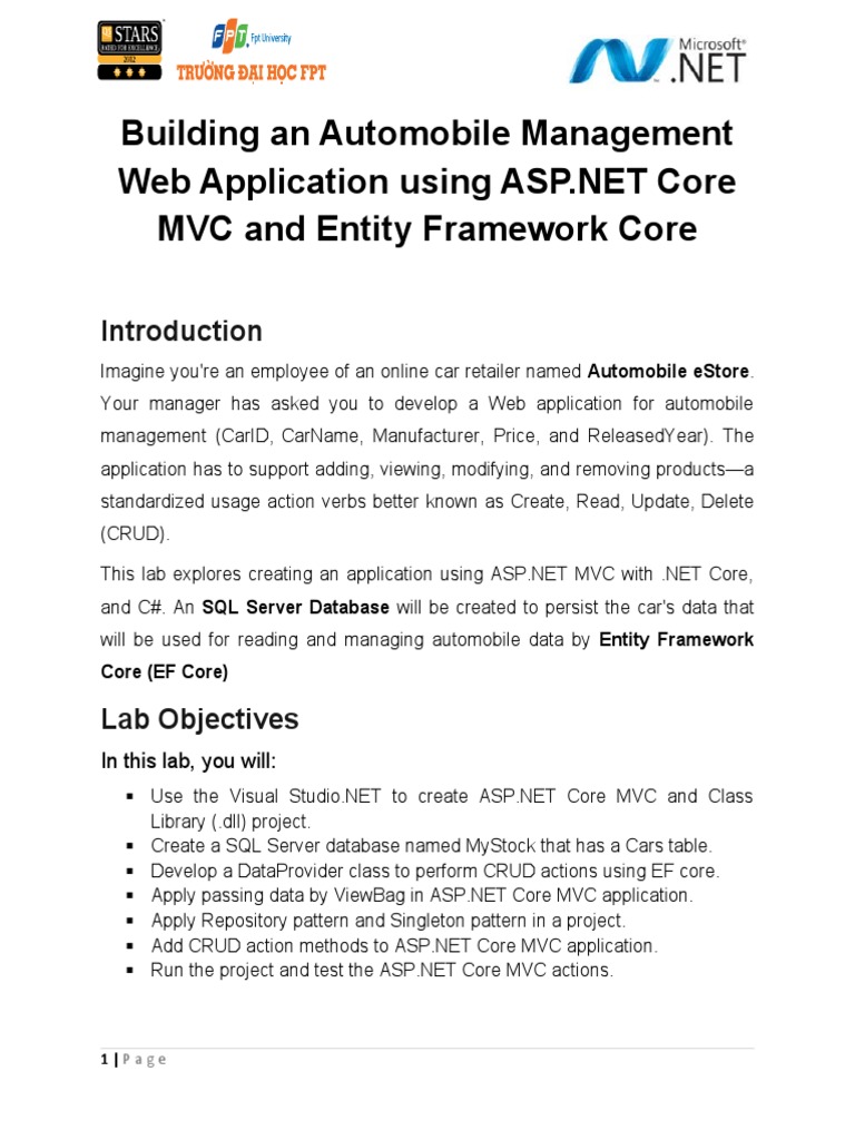 ASP.NET Core Car Management Guide | PDF | Microsoft Visual Studio | Entity Framework