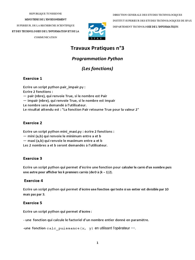 Travaux Pratiques N 3 Les Fonctions Py | PDF | Python (Langage de programmation) | Ingénierie ...
