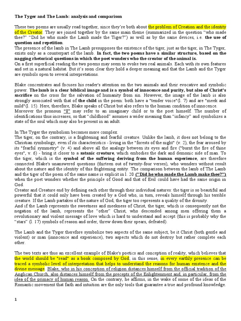 Analysis of The Lamb and The Tyger | PDF | William Blake | Reason