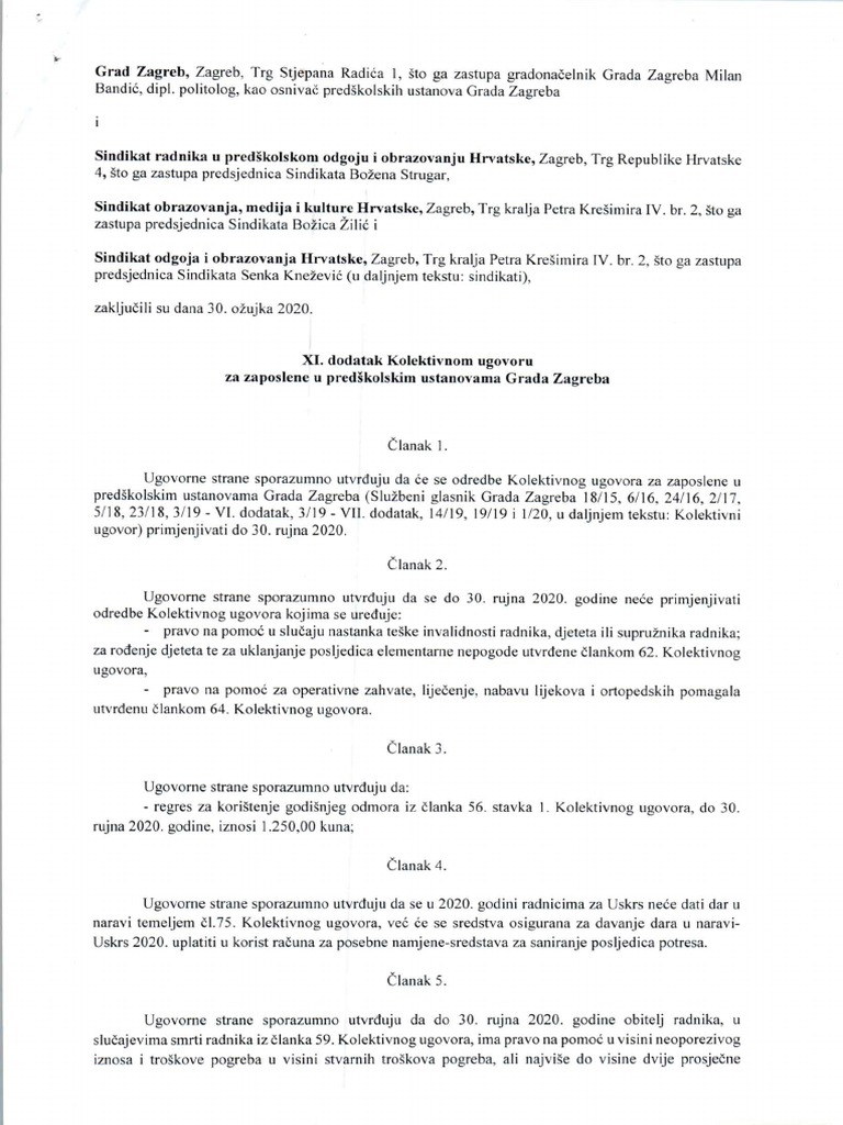 XI. Dodatak Kolektivnom Ugovoru Za Zaposlene U Predškolskim Ustanovama Grada Zagreba | PDF