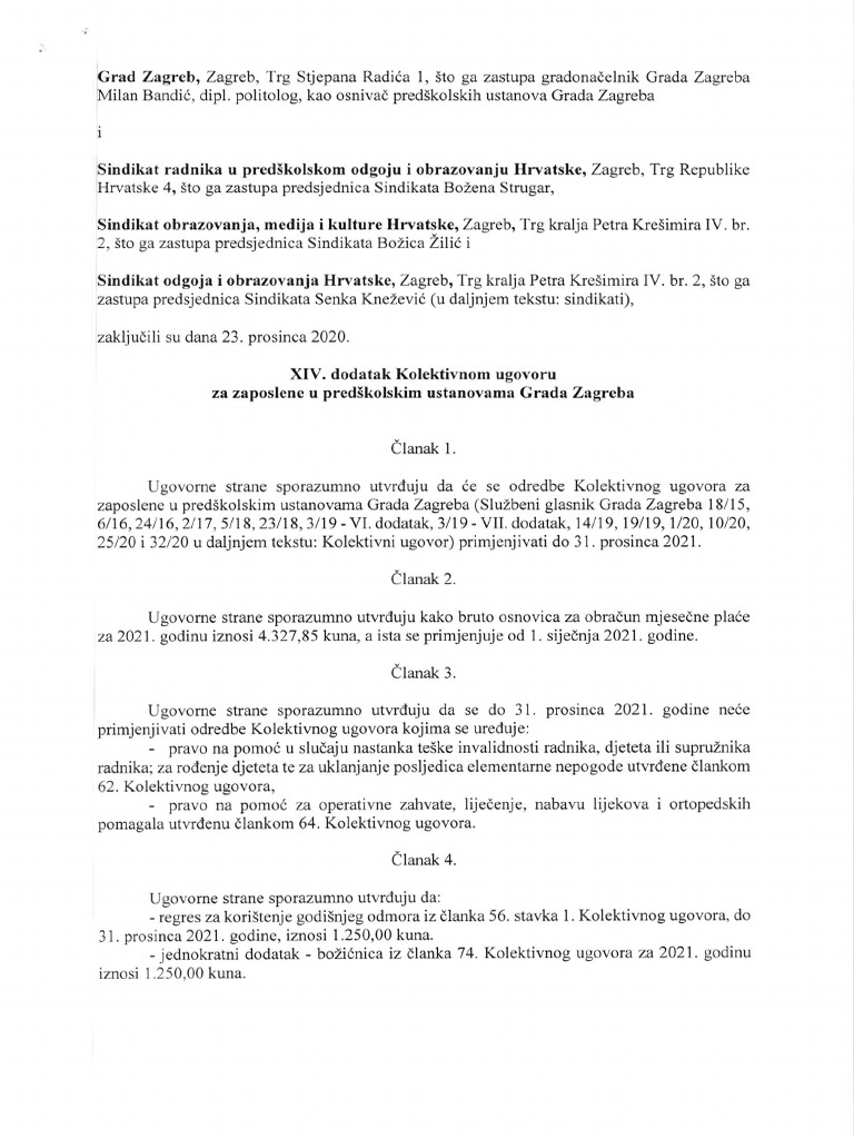 XIV. Dodadatk Kolektivnom Ugovoru Za Zaposlene U Predškolskim Ustanovama Grada Zagreba | PDF
