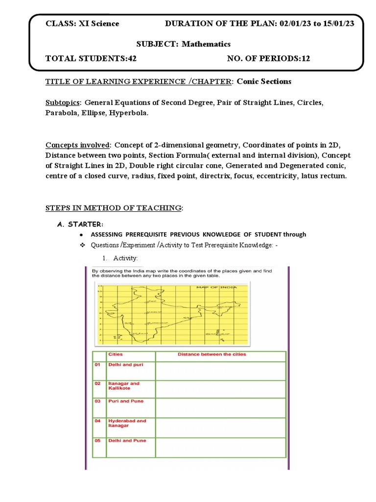 Lesson Plan Conic Sections Class Xi Science Jdm Pdf Geometry Analytic Geometry
