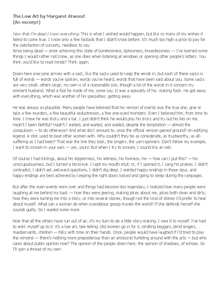 The Low Art by Margaret Atwood | PDF