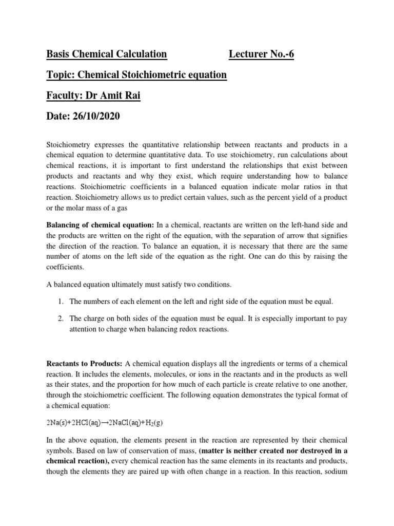 Chemical Stoichiometric Equation | PDF | Stoichiometry | Mole (Unit)