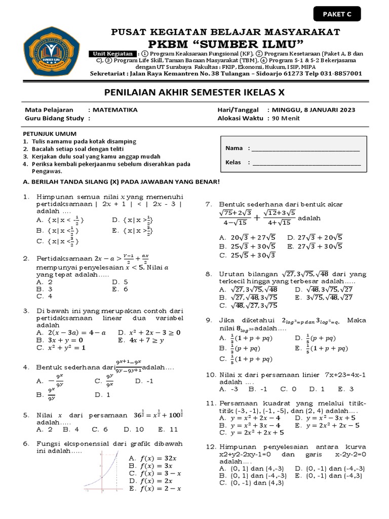 Soal Pas 1 - Matematika - Paket C - Kelas X | PDF