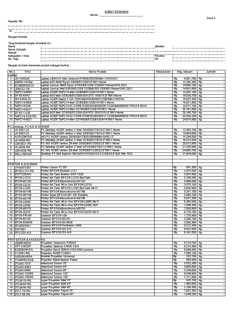 Format Pesanan Sekolah - Untuk RKAS Tahap I 2023 Digitalisasi PT SKE Zona 1 - 03 Jan | Download ...