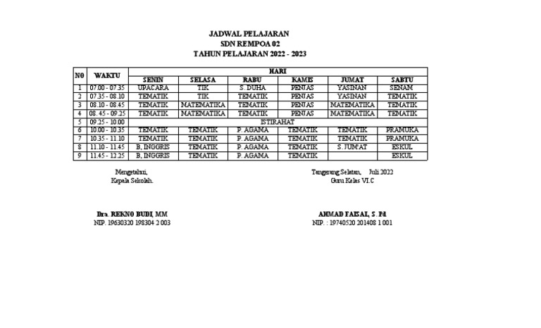 Jadwal Pelajaran 6c 2022 | PDF