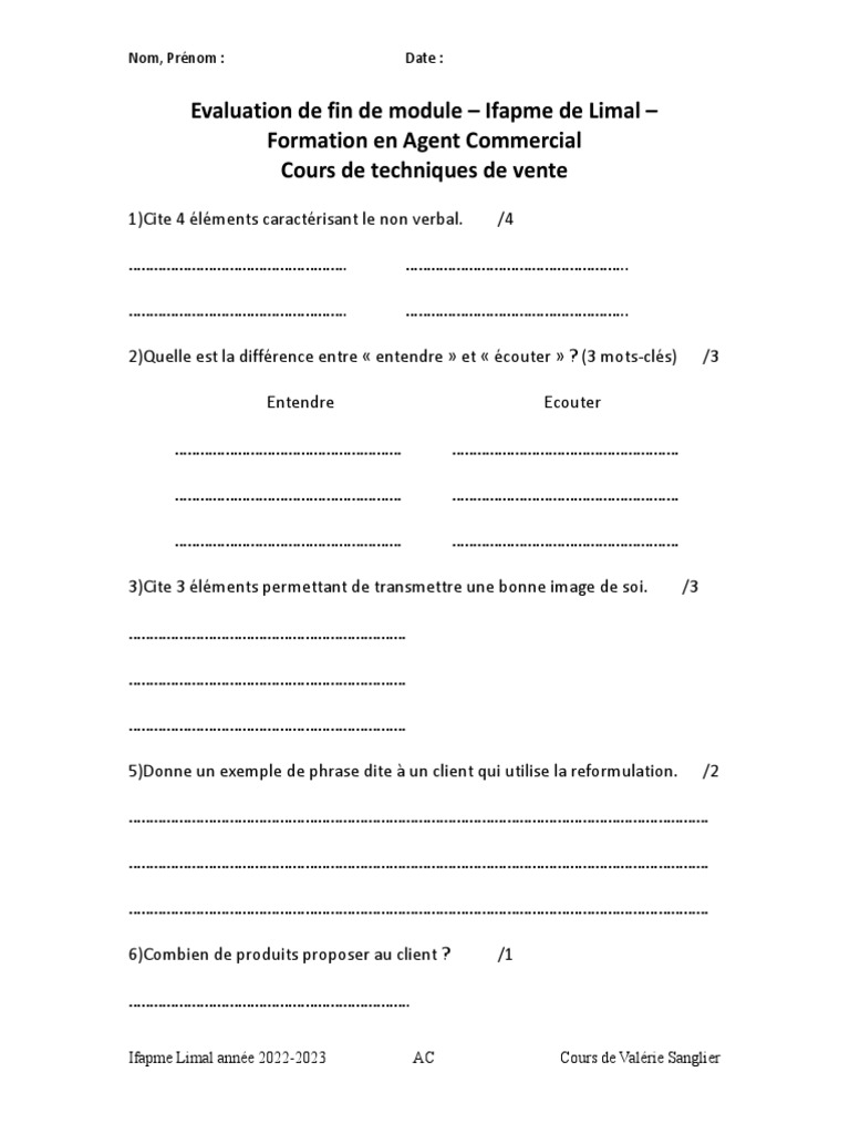 Evaluation de Fin de Module Techniques de Vente Base PDF | PDF | Ordinateurs | Technologie et ...