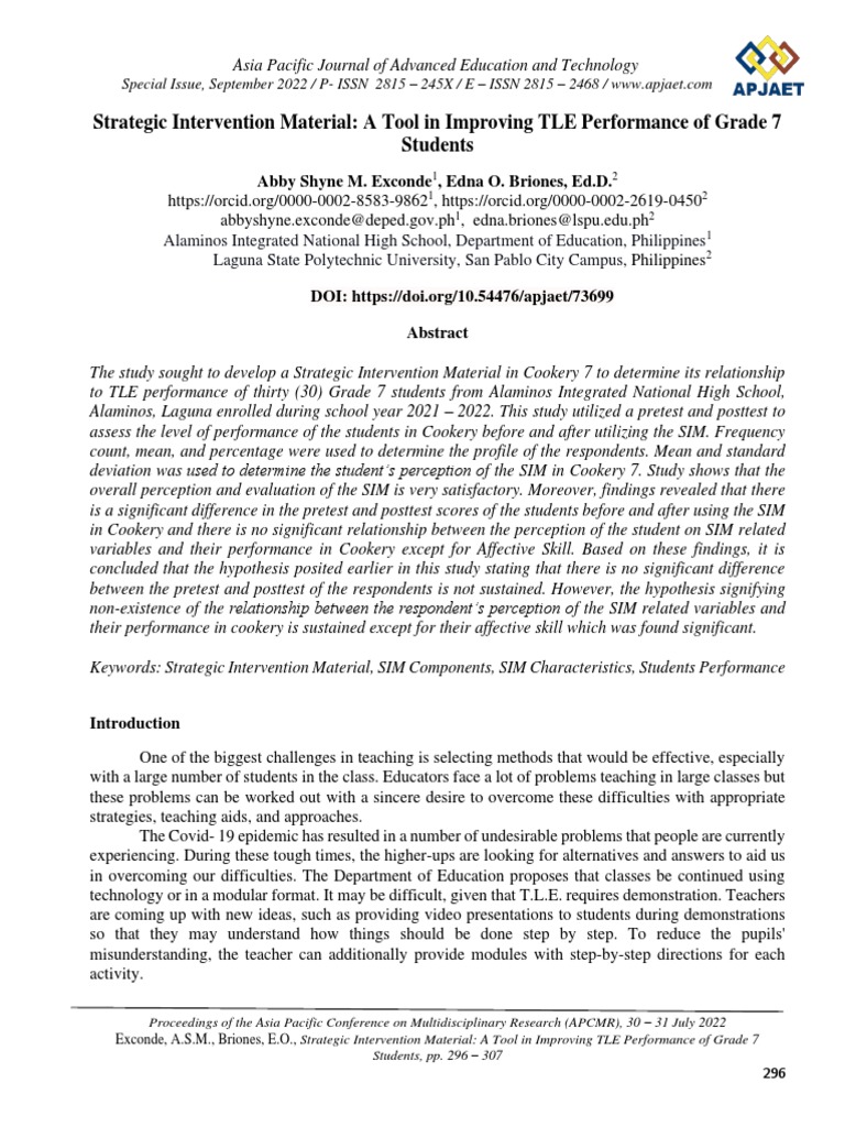Strategic Intervention Material A Tool in Improving TLE Performance of ...
