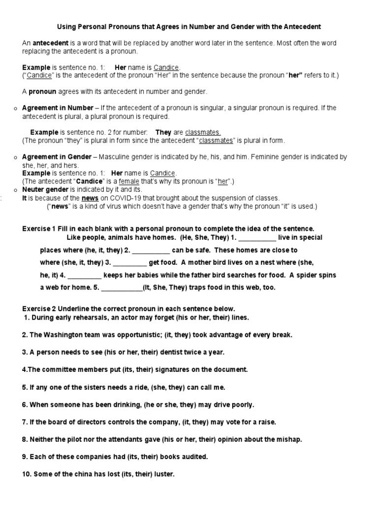 Pronoun Agreement: Number & Gender Guide | PDF | Grammatical Gender ...