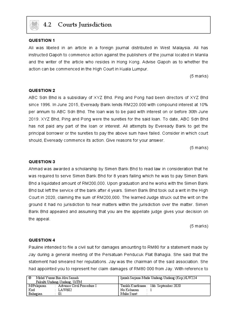 Law602-Tutorial Question 4 | PDF | Interest | Jurisdiction