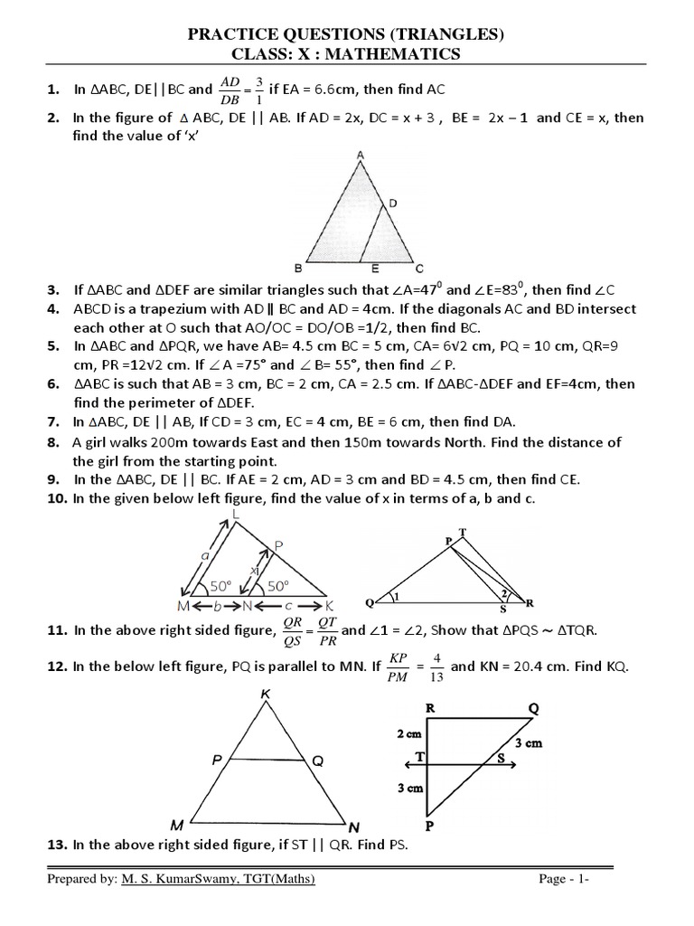 Practice Questions Triangles Class X | PDF | Euclidean Plane Geometry | Geometric Shapes