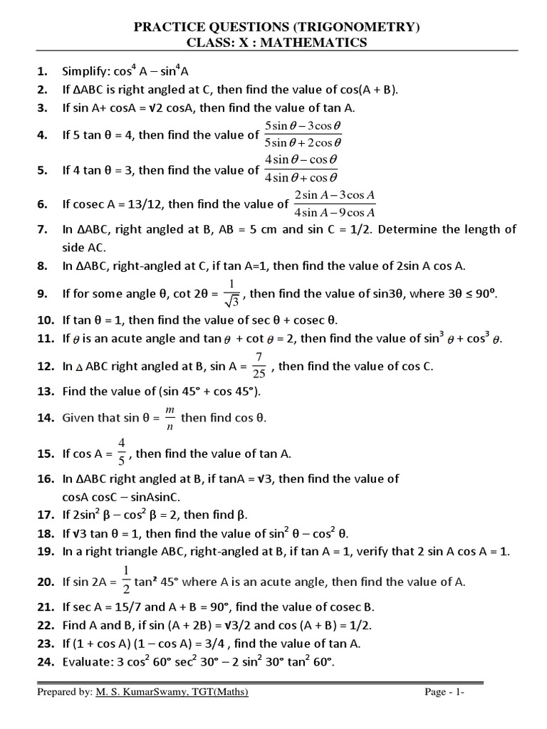 Practice Questions Trigonometry Class X | PDF | Trigonometric Functions ...