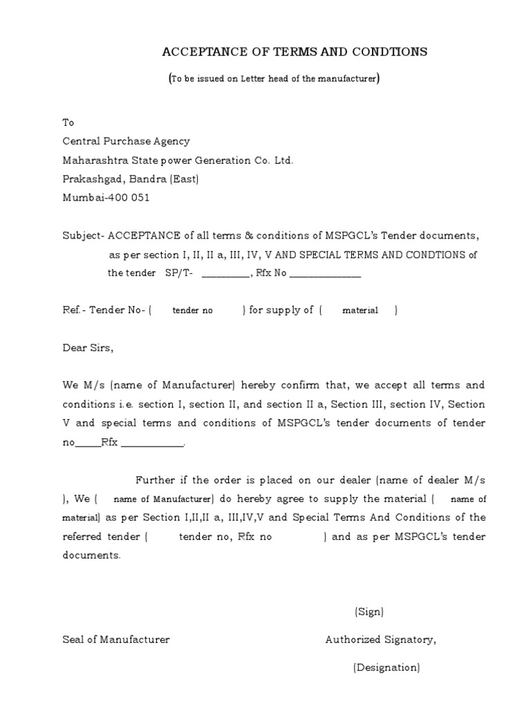 Manufacturer Acceptance of Tender Terms | PDF