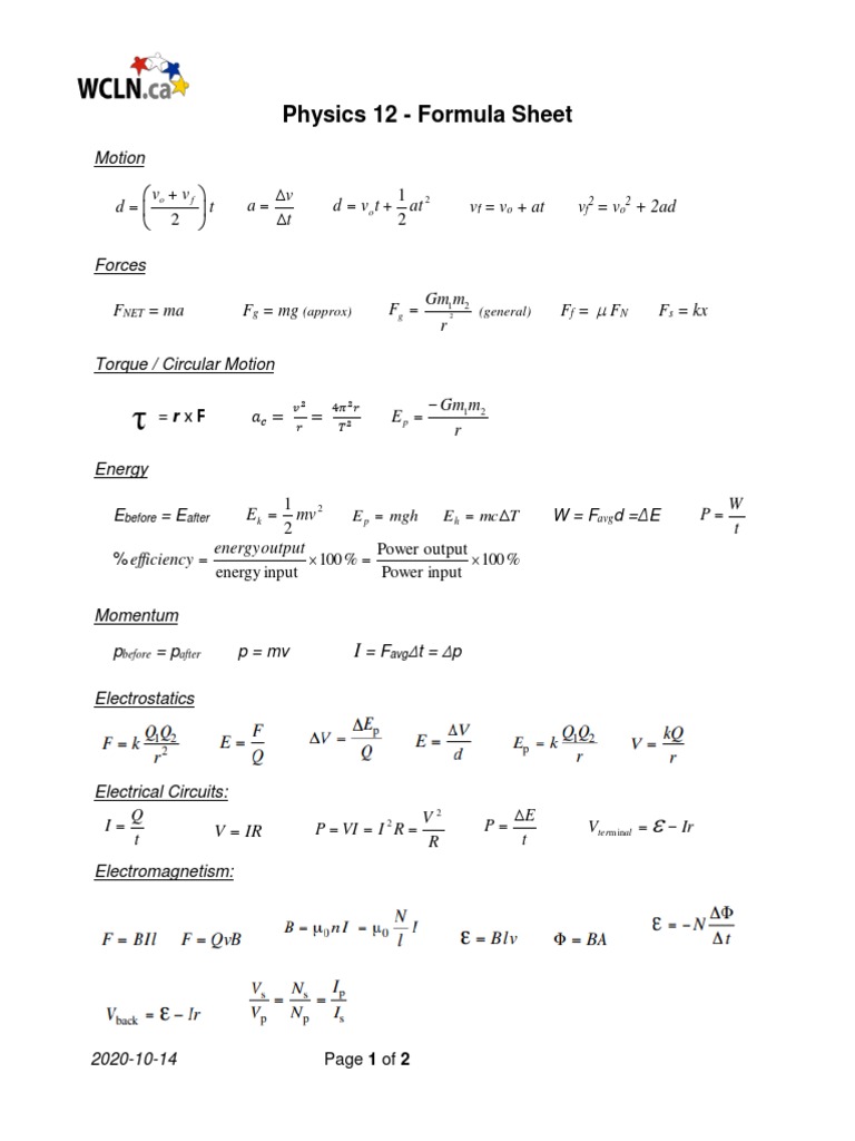 Physics 11 Cheat Sheet | PDF | Electricity | Quantity