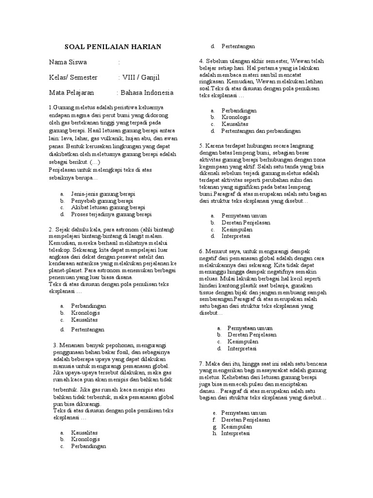 Soal Penilaian Harian Teks Eksplanasi | PDF